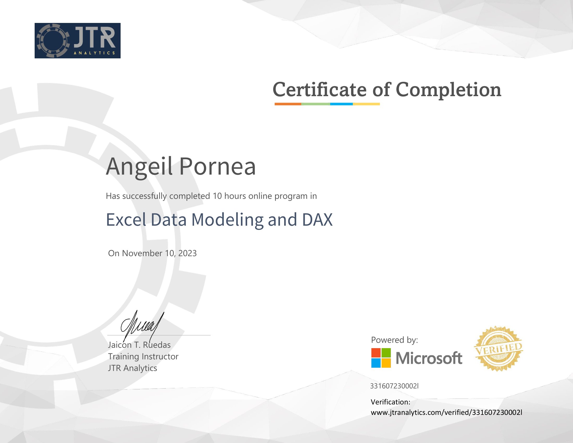 Verified Certification : Excel Data Modeling and DAX issued to Angeil ...