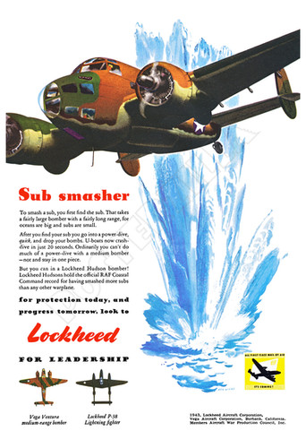 Lockheed Hudson Bomber Sub Smasher 1943 WWII Vintage Advertising Poster ...
