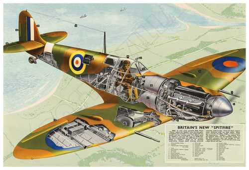 British Supermarine Spitfire Fighter Plane Cutaway View Poster ...