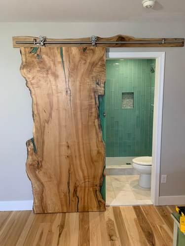 Slab Silver Maple Barn Door with Teal Epoxy | Chop Csuy Creations