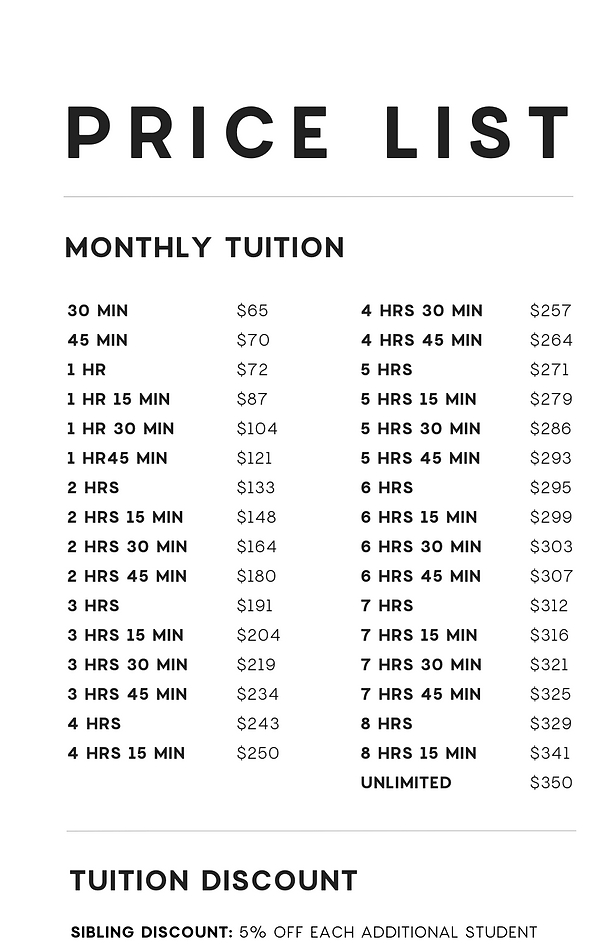 PRICE LIST | Dance Fusion Studios
