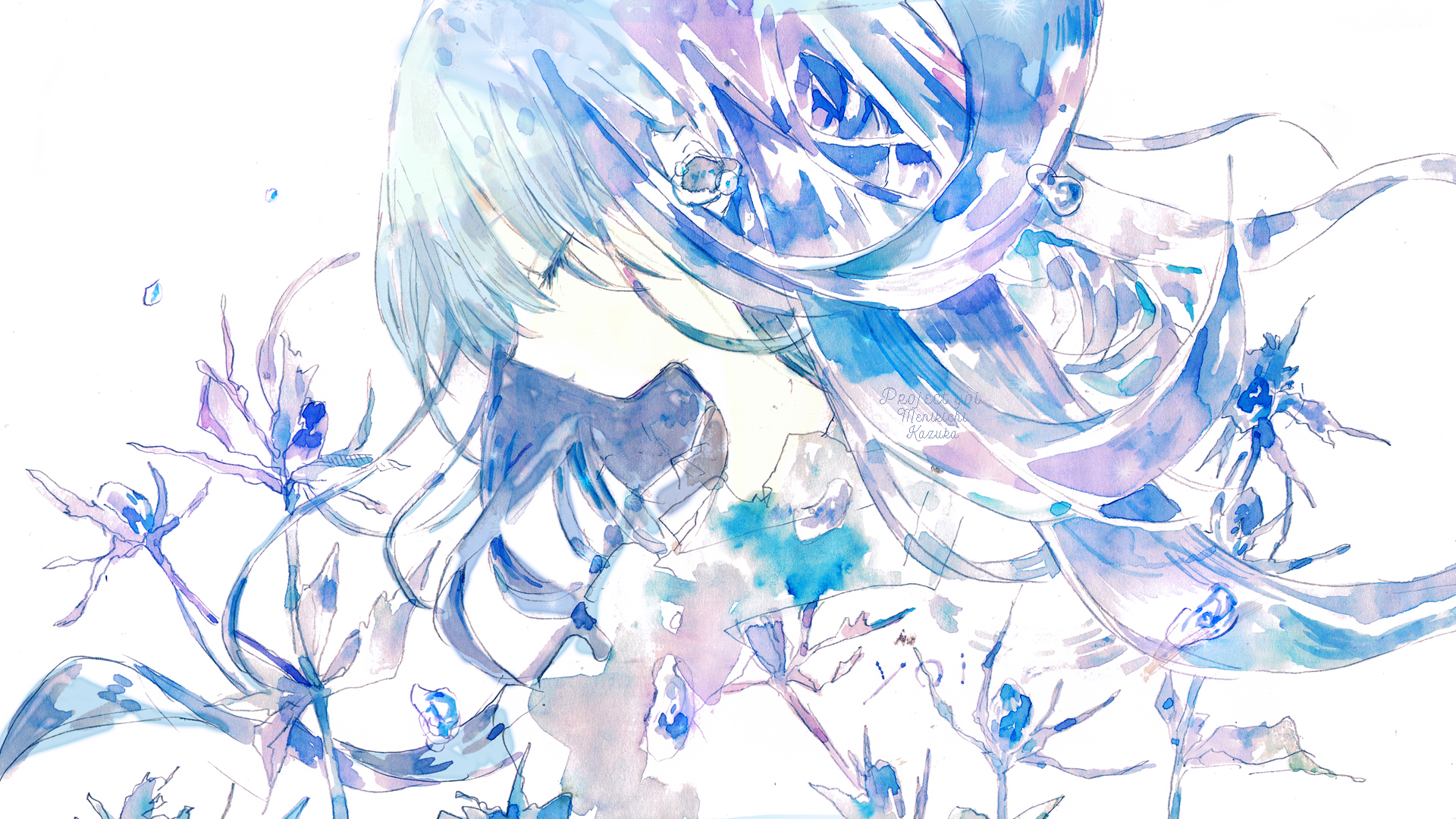 The Big ImageBoard (TBIB) - 1girl blue flower blue hair closed eyes floating hair flower from ...