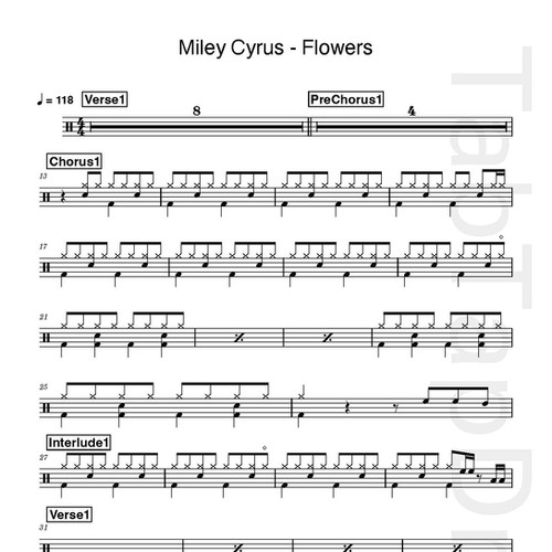 Miley Cyrus - Flowers | 鼓譜 Drum Transcription | TabTapDrum