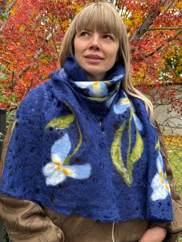 Handmade mohair scarf rectangle shape blue with blue flowers | Tarcame