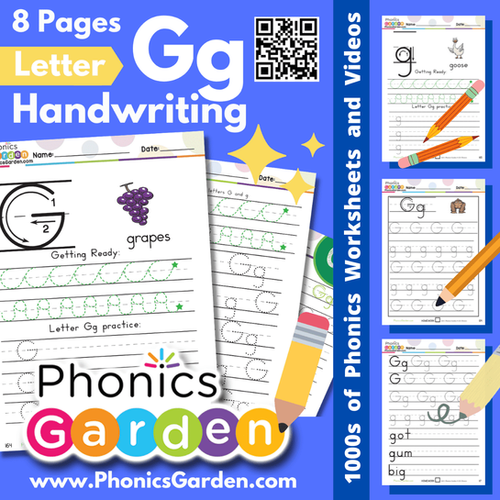 Gg | Handwriting Worksheets | 8 Pages | Phonics Garden