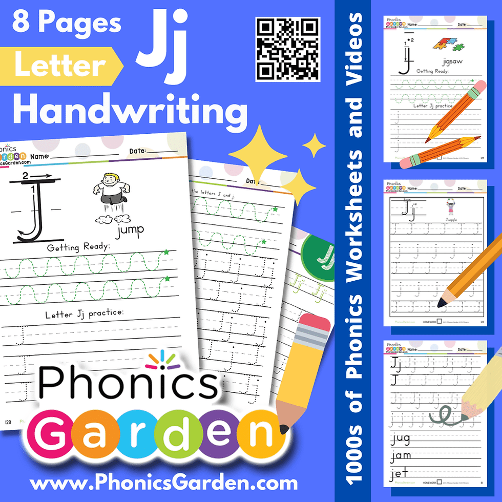 Jj | Handwriting Worksheets | 8 Pages | Phonics Garden
