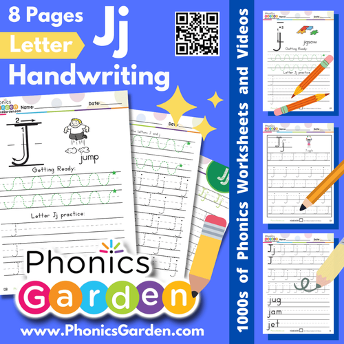 Jj | Handwriting Worksheets | 8 Pages | Phonics Garden
