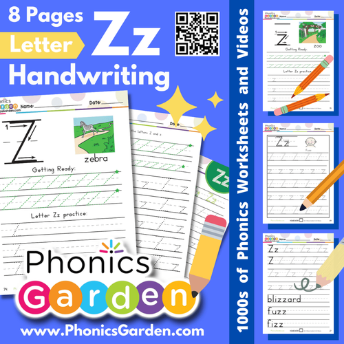 Zz | Handwriting Worksheets | 8 Pages | Phonics Garden
