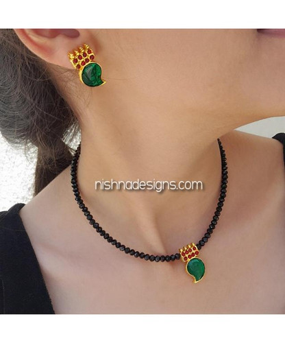 Gold plated Mango Design Green Enamel Palakya Black Crystal beads ...