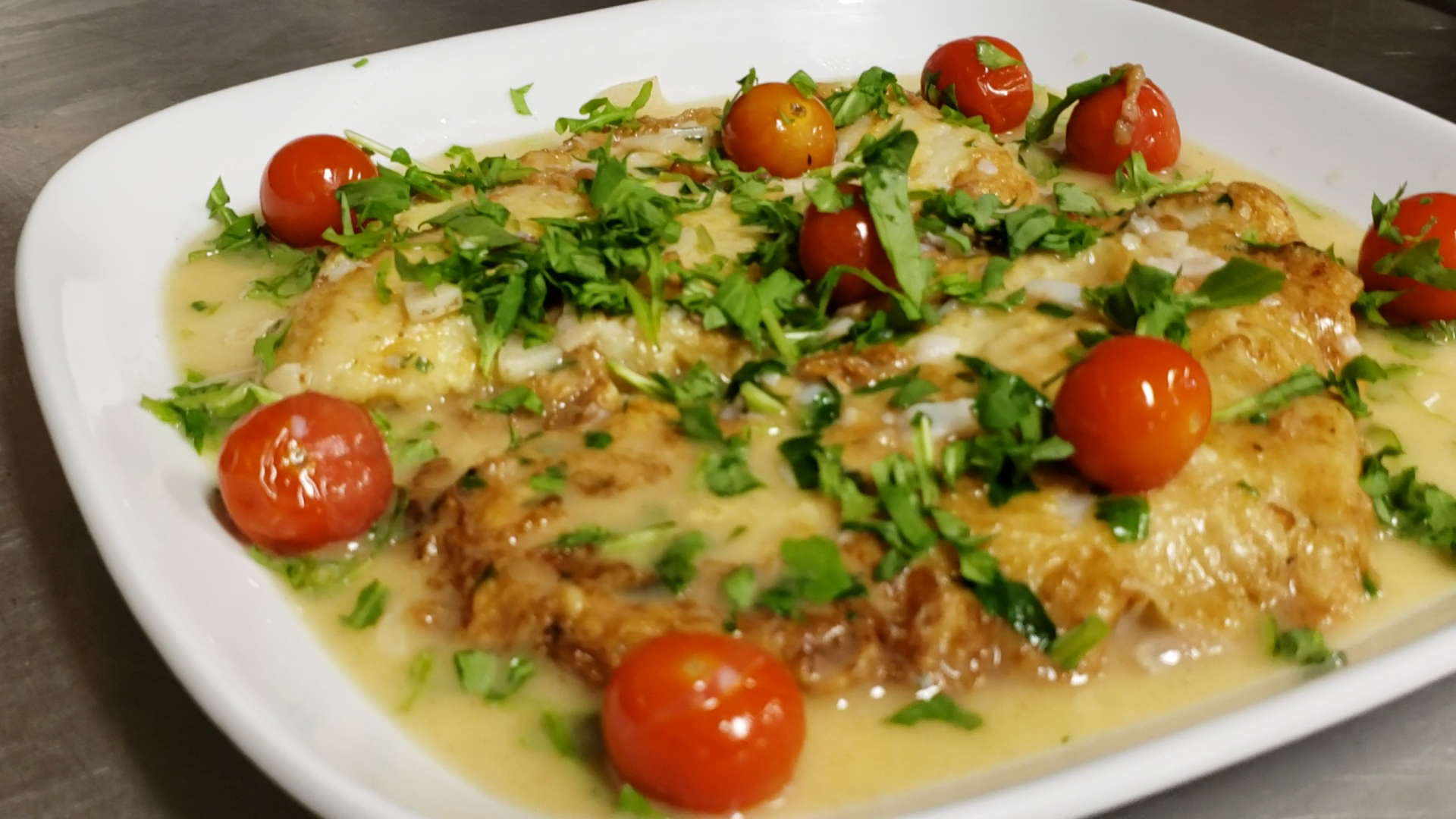 SAUTEED FLOUNDER FRANCESE STYLE WITH ARUGULA AND TOMATO RECIPE