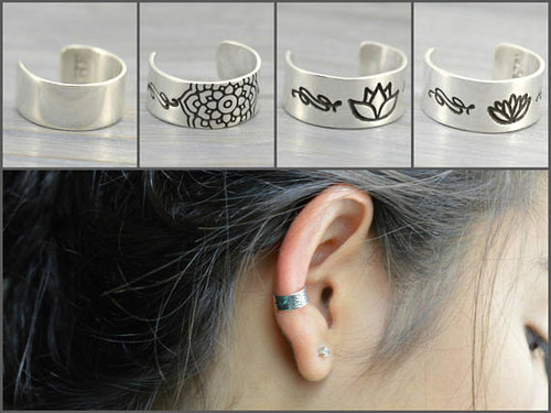 Ear Cuffs with mandala & lotus engravings. 925 sterling silver.