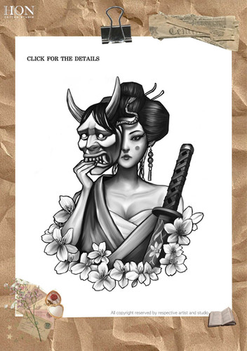 Geisha and Hannya maskTattoo Flash Design | Hon Tattoo Studio