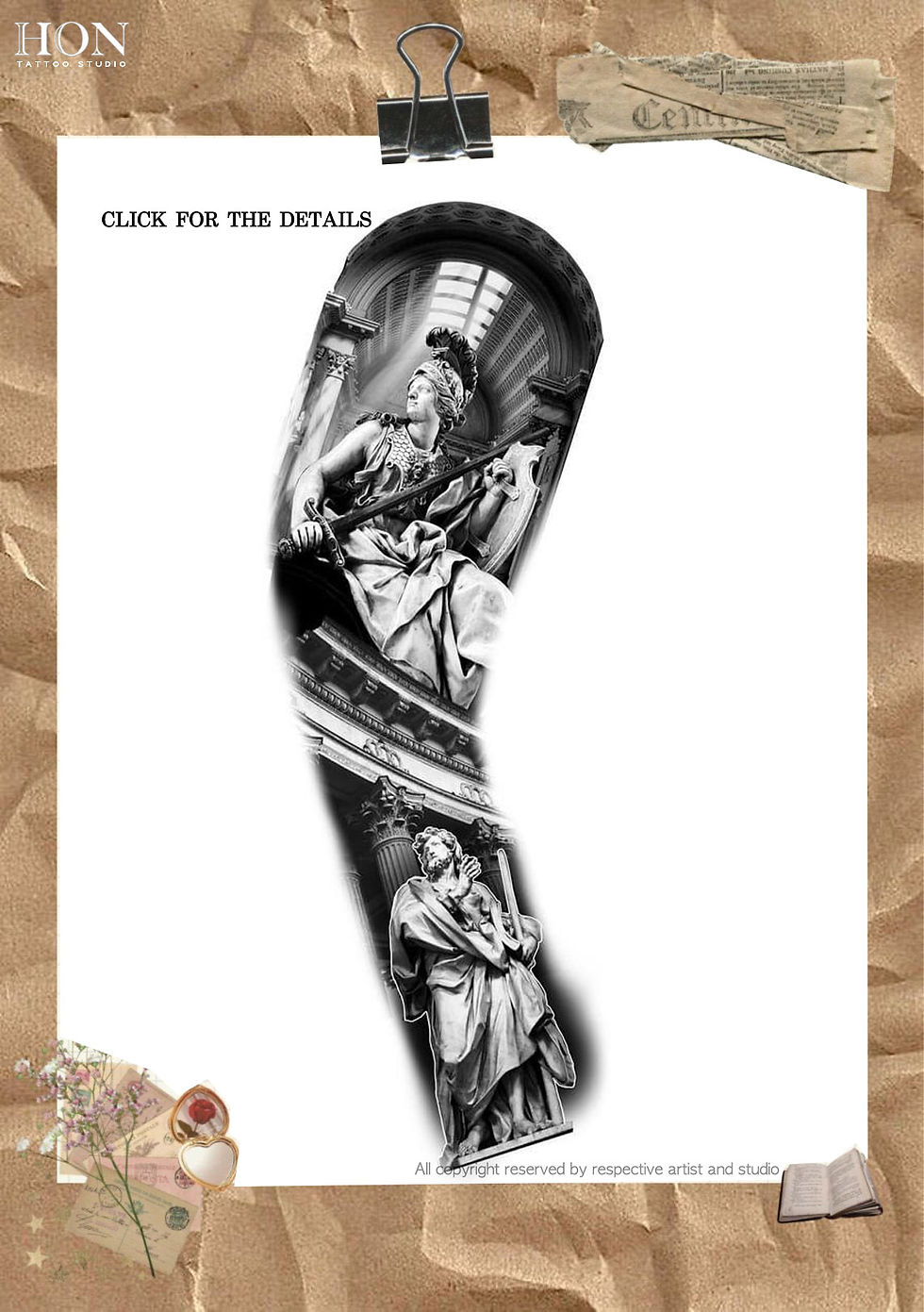 Full Sleeve Roman Statue Tattoo Flash Design | Hon Tattoo Studio