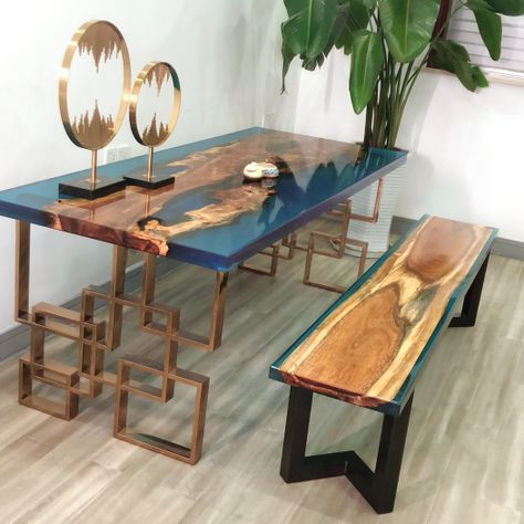 Modern Epoxy Resin Dining set with bench acacia nut | Rustic Green Home