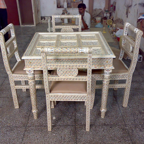 Painted bone inlay dining Table chair set | Rustic Green Home