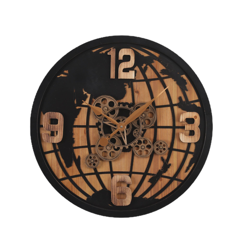 Black Timber World Map Gear Wall Clock 65cm | Gift it
