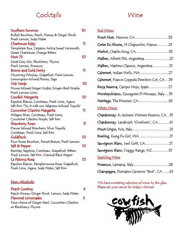 Drink Menu | Cowfish - Lander, WY