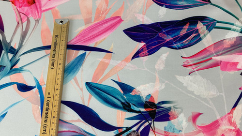 3m for £9 Indigo/Pink/Peach Leaves Scuba (WH587) | Knighton Fabrics