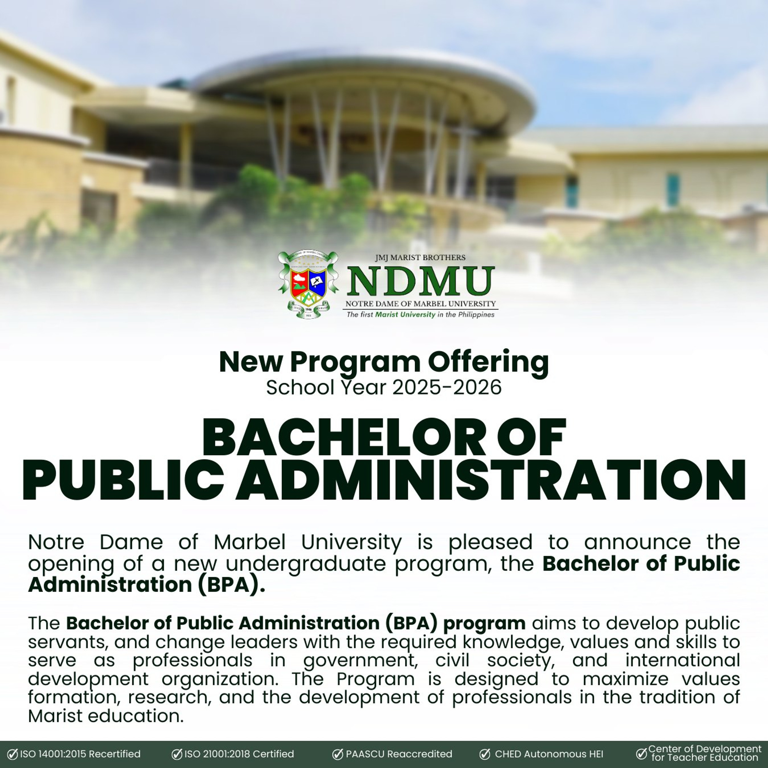 New Program Alert: Bachelor of Public Administration Now Offered at NDMU