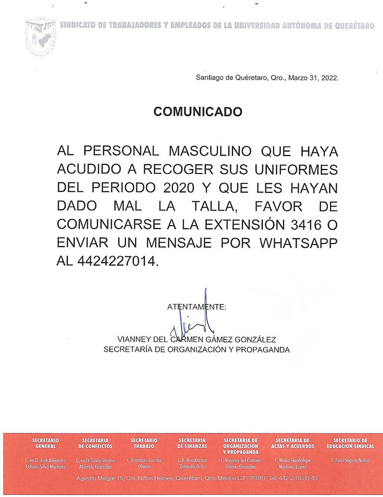 Comunicado de Uniformes 2020