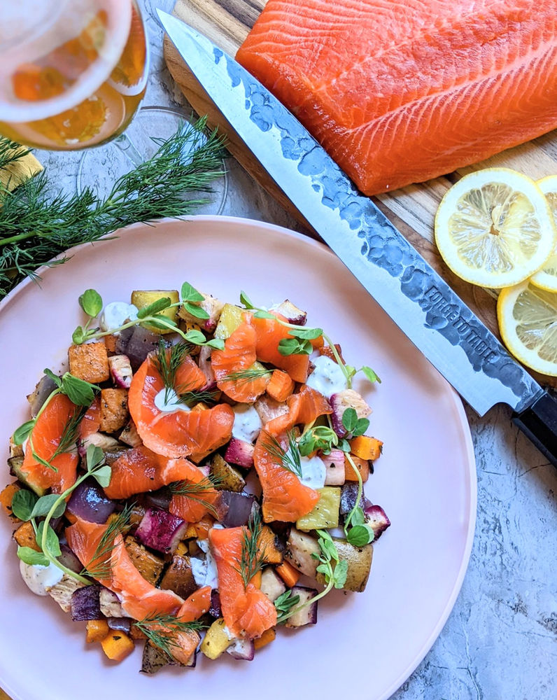 Roasted Root Vegetable Hash with Cold Smoked Steelhead Trout