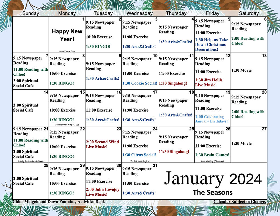 Monhtly Activities Calendar