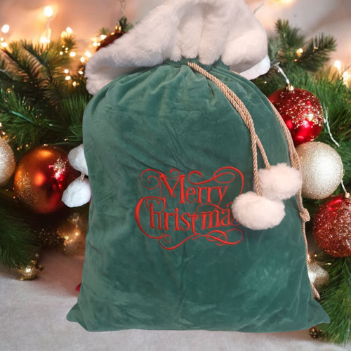 Embroidered Green Santa Sack /Sach Santa | Moose & Co.