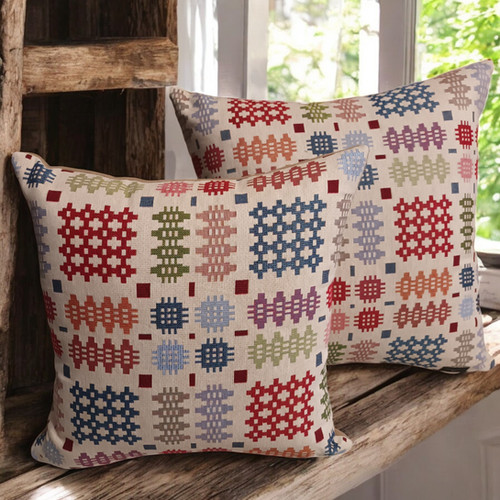 Cream Multi coloured Welsh tapestry blanket design cushions | Moose & Co.