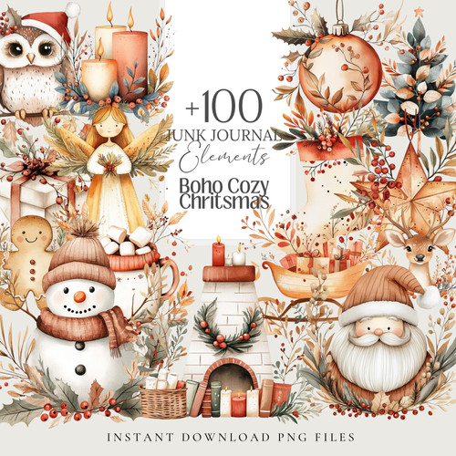 Boho Cozy Christmas Watercolor Clipart Collection | 100 Printable PNG ...