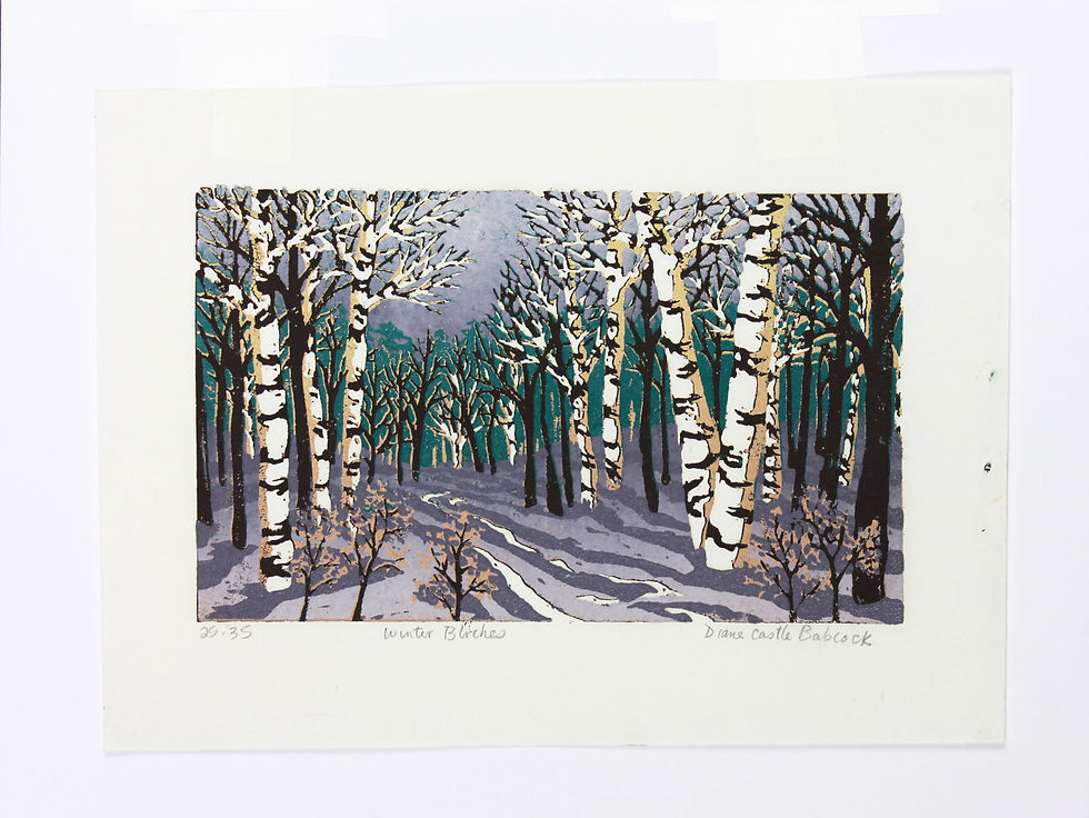 Winter Birches Linoleum Block Print | dcastlebabcockart