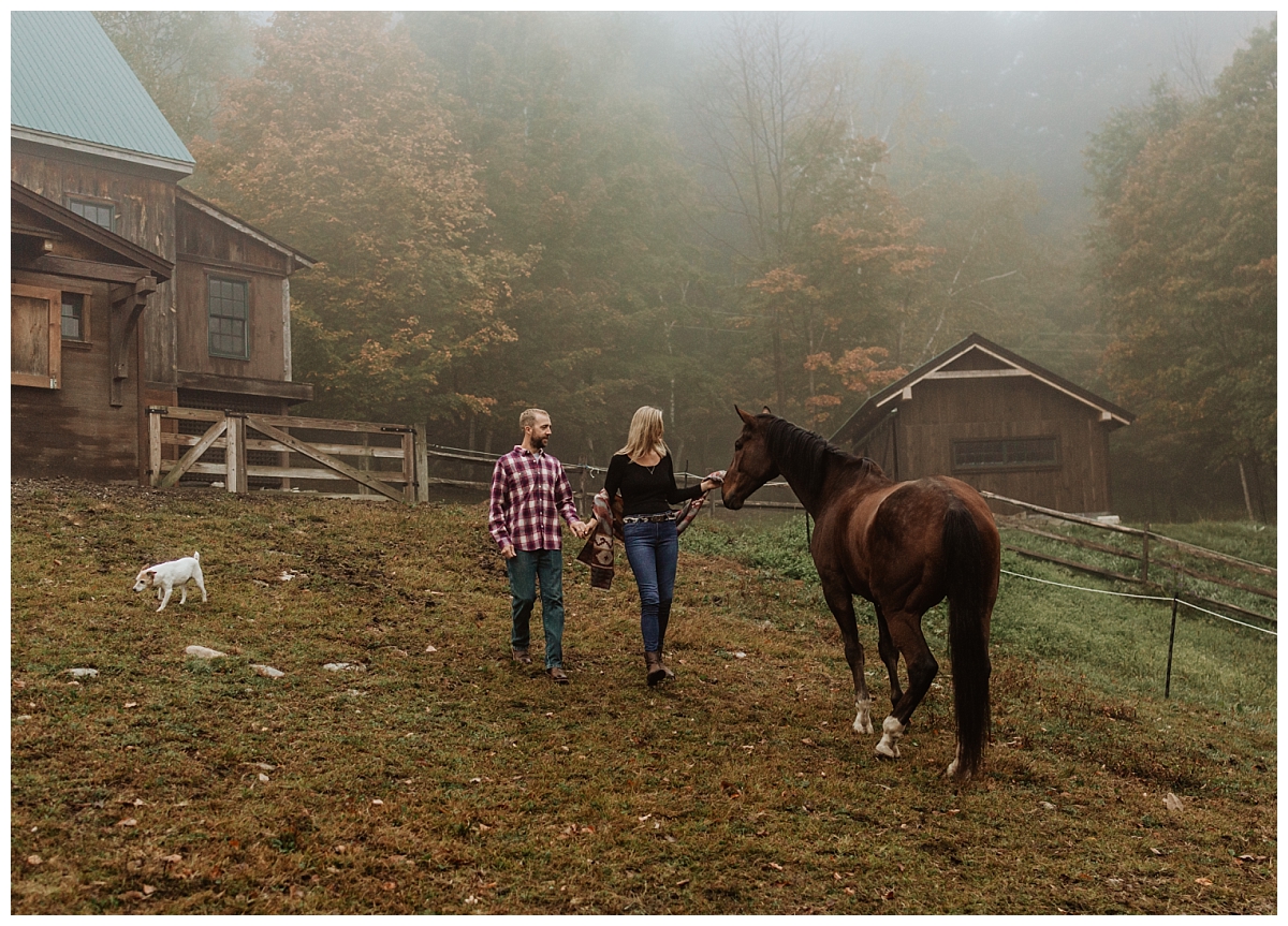 Misty Autumn Horse Farm Engagement in Dorset, Vermont