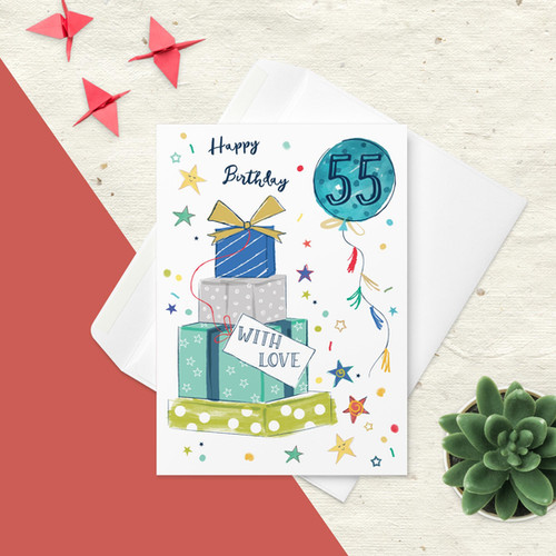 Happy 55th Birthday - Celebration Card with Gifts & Balloon