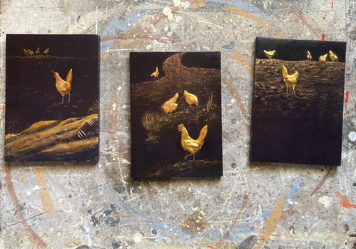 Black Chinoiserie Chickens Triptych | FlorenceArt.Net