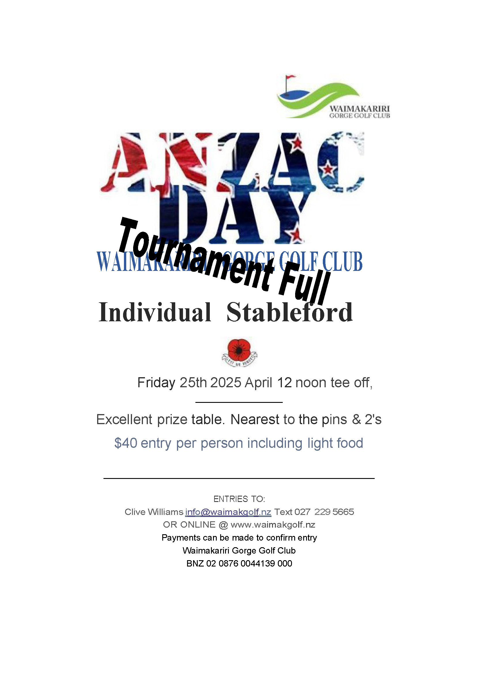 Anzac Day Individual Stableford Tournament | Waimakariri Golf