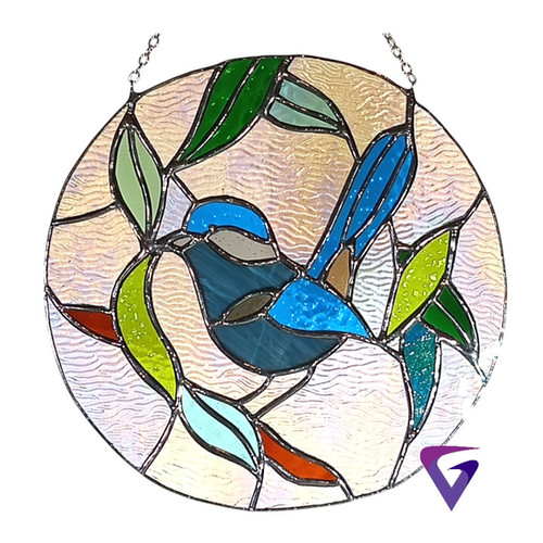 Blue Wren and Leaves stained glass / leadlight suncatcher | Volcania ...