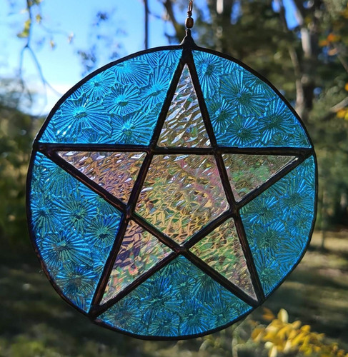 Pentagram leadlight suncatcher-aqua | Volcania Art Glass
