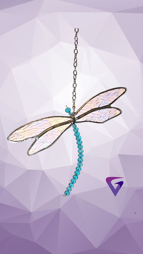 Dragonfly leadlight and beaded suncatcher - aqua-8mm beads | Volcania Art Glass