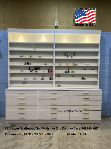 18 Drawer Wallmout Nail Polish or Dip Display Case 96L96H14D | NSS Cabinet