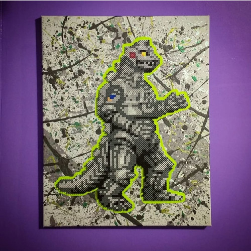 Mechagodzilla Perler on Painted Canvas | Kawaii By Kelly