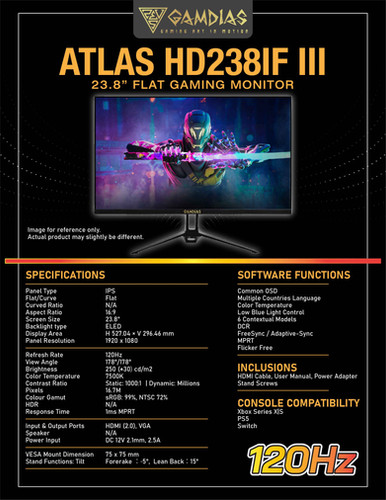 GAMDIAS ATLAS HD238IF III 24" 120HZ Flat Screen IPS Panel 1080p 1ms ...