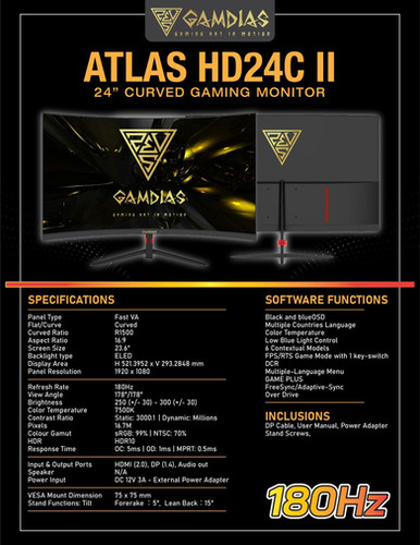 GAMDIAS ATLAS HD24C II 24" 180hz VA Curved Screen | BattlePassTechParts