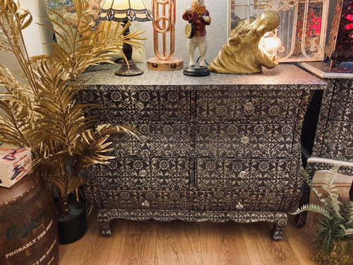 Black-Silver Embossed Chest Of Drawers | Hands Across Time