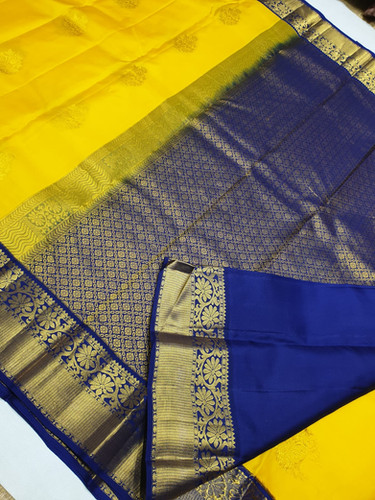 Yellow Coloured Dark Blue Border Traditional Silk Sarees | Komathi Silks