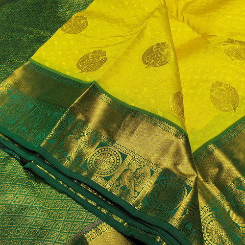 Yellow Coloured With Green Border Kanchipuram Silk Sarees | Komathi Silks