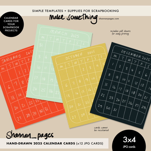 Hand-Drawn 2025 Calendar Cards (x12 3x4 JPG files + PDFs) | Shannan Pages