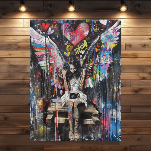 Urbanes Graffiti-Kunstwerk "My Fallen Angel" Engel auf Leinwand und ...