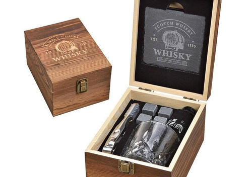 Whiskey Wooden Gift Box - 4 ice cubes basalt, stone grey set | Shen Gifts