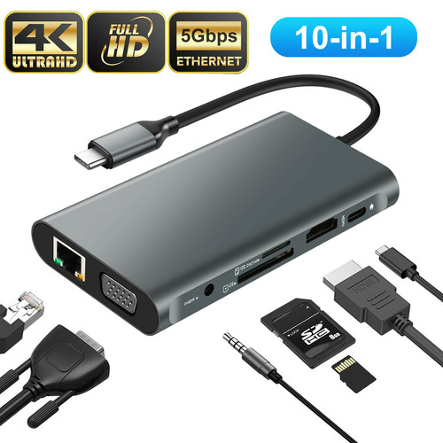 10 in 1 Multiport Type C To USB-C 4K HDMI Adapter USB 3.0 Cable Hub ...