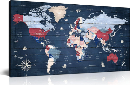 ZHAOSHOP Blue World Map Wall-Art For Office - Large World Maps For Wall ...