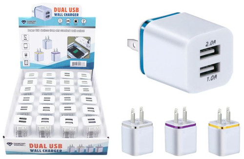 2 Amp USB Wall Charger - Dual Port - Assorted Trim Colors - Counter ...